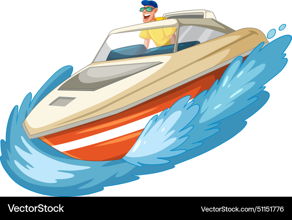 Man steering a speedboat over vibrant blue waves Vector Image