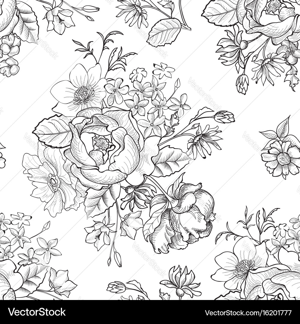 Floral engraved seamless pattern flower garden Vector Image