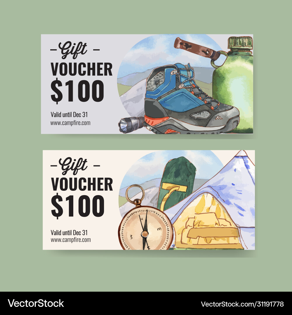 Camping voucher design with hiking boots Vector Image