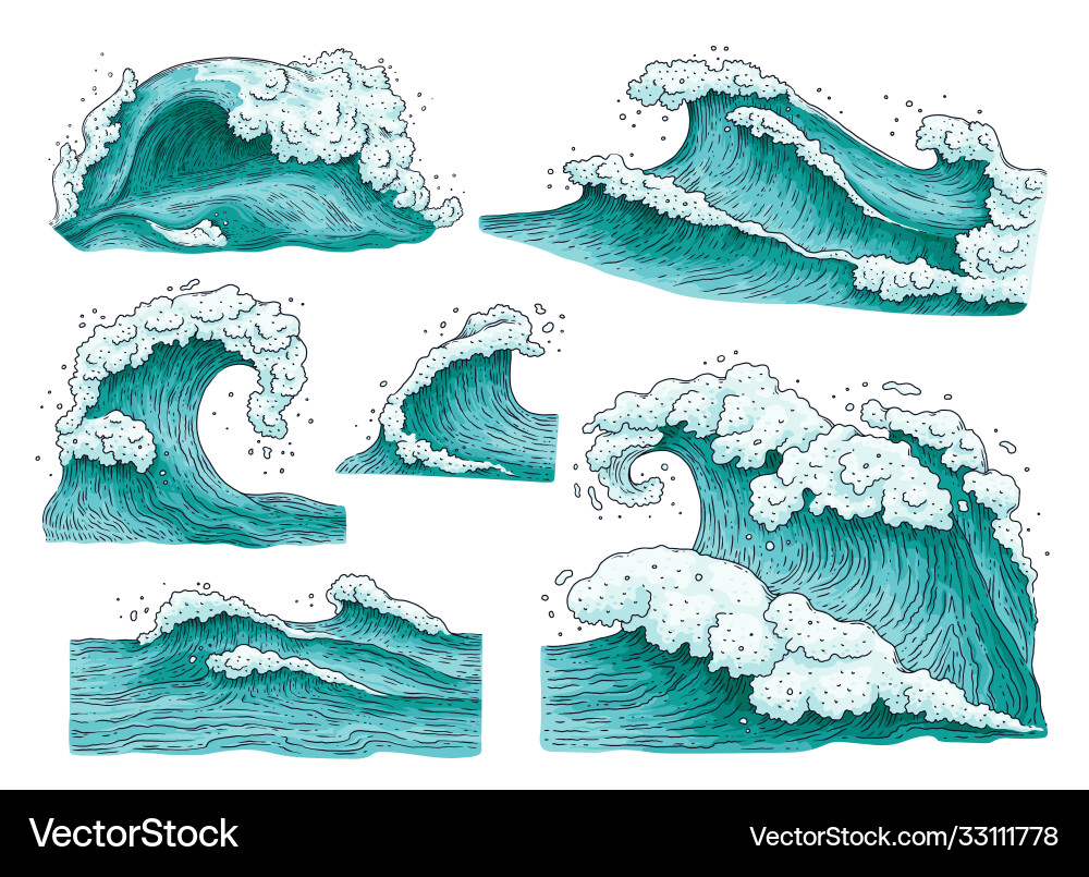 Set hand drawn ocean water waves cartoon Vector Image