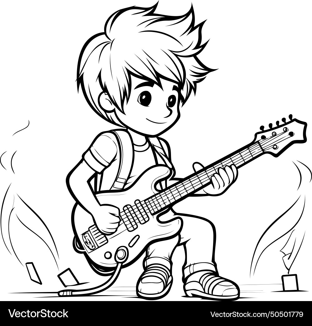 Boy playing electric guitar - black and white Vector Image
