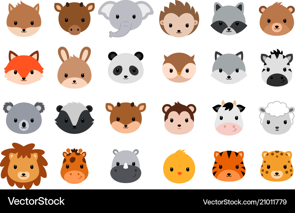 Cute animal heads collection flat style Royalty Free Vector