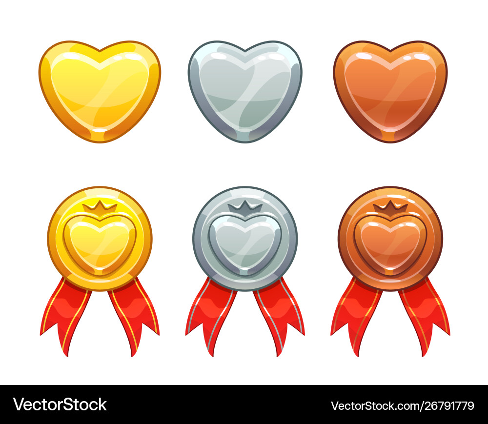 Golden silver bronze hearts set love Royalty Free Vector