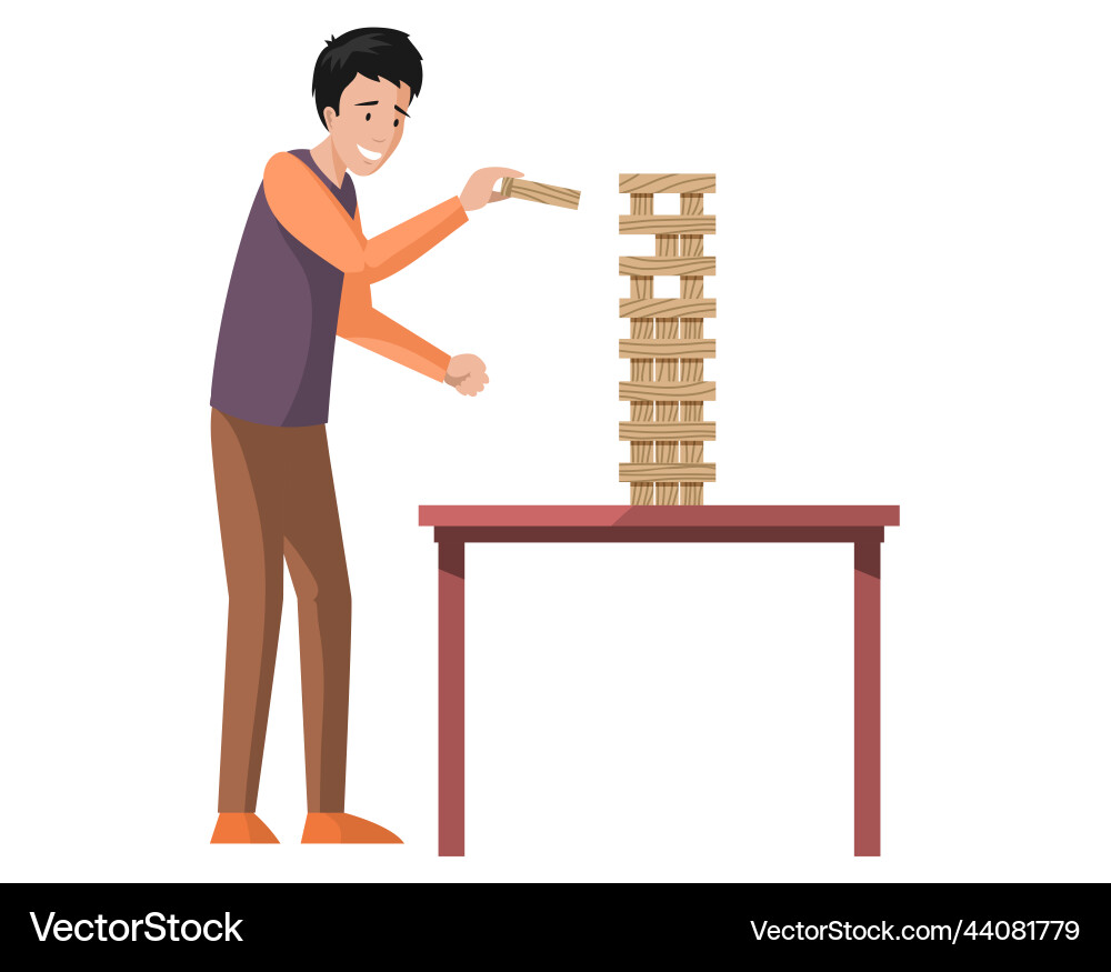 Male character playing jenga logic board game Vector Image