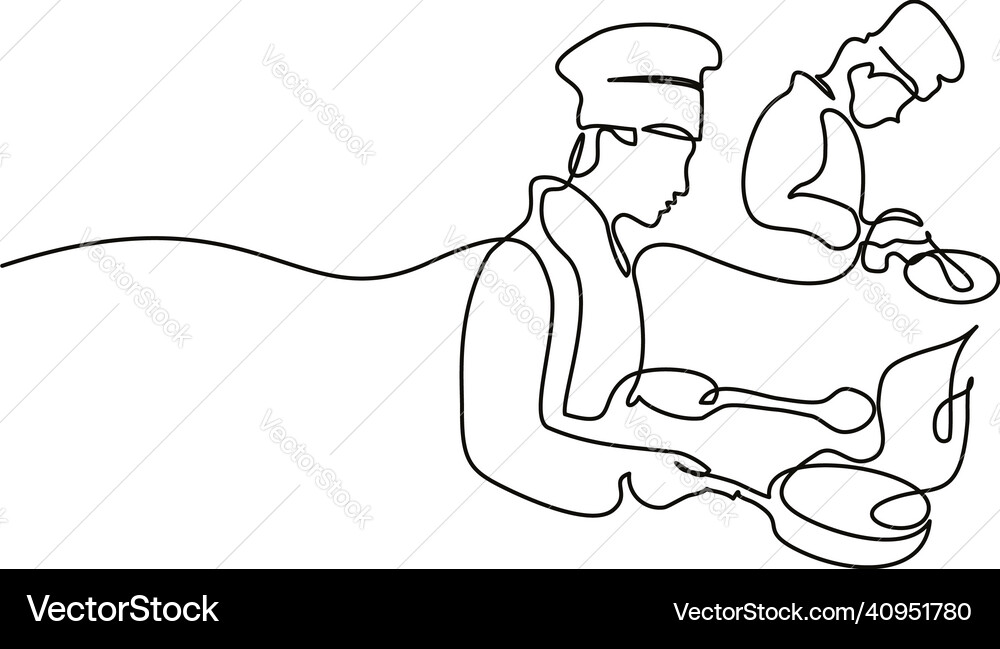Chef cooking big meal continuous one line drawing Vector Image
