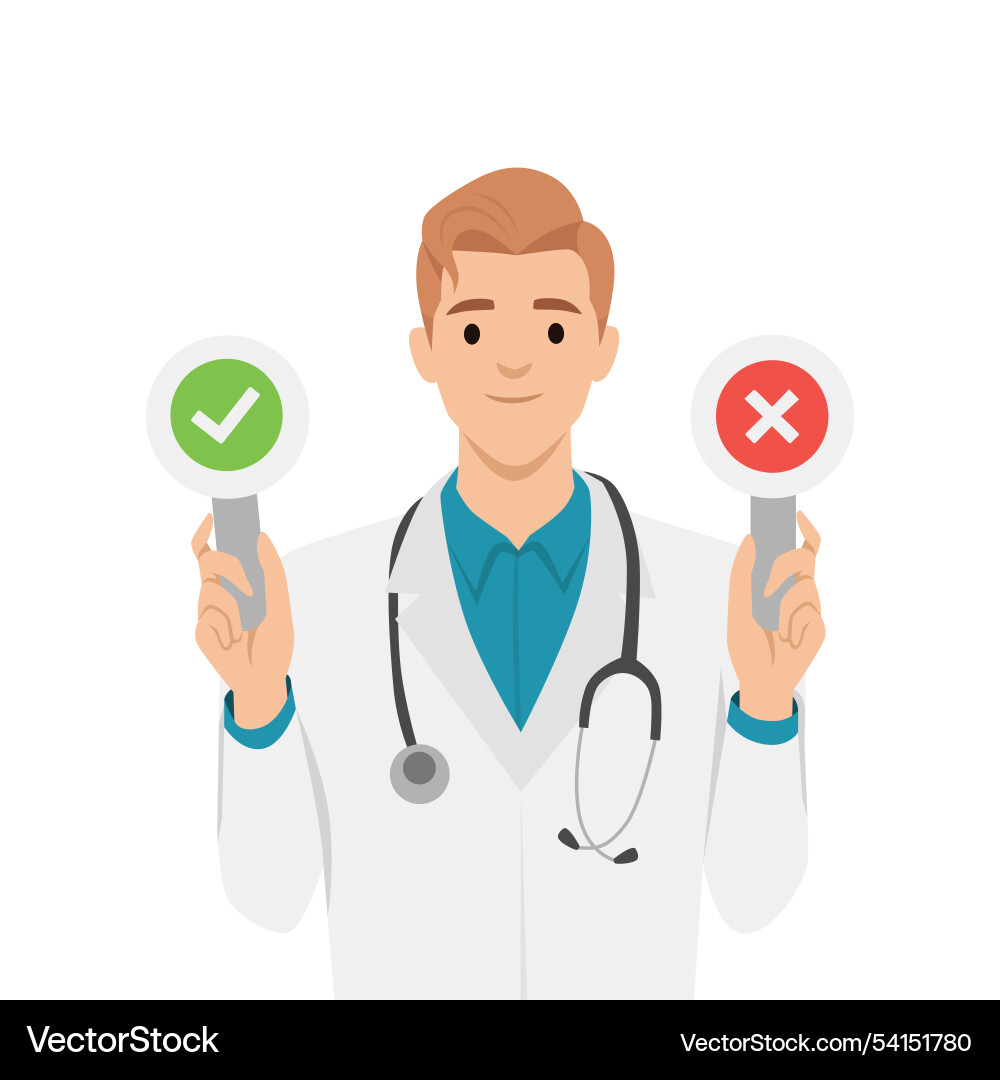 Young doctor with a right and wrong sign Vector Image