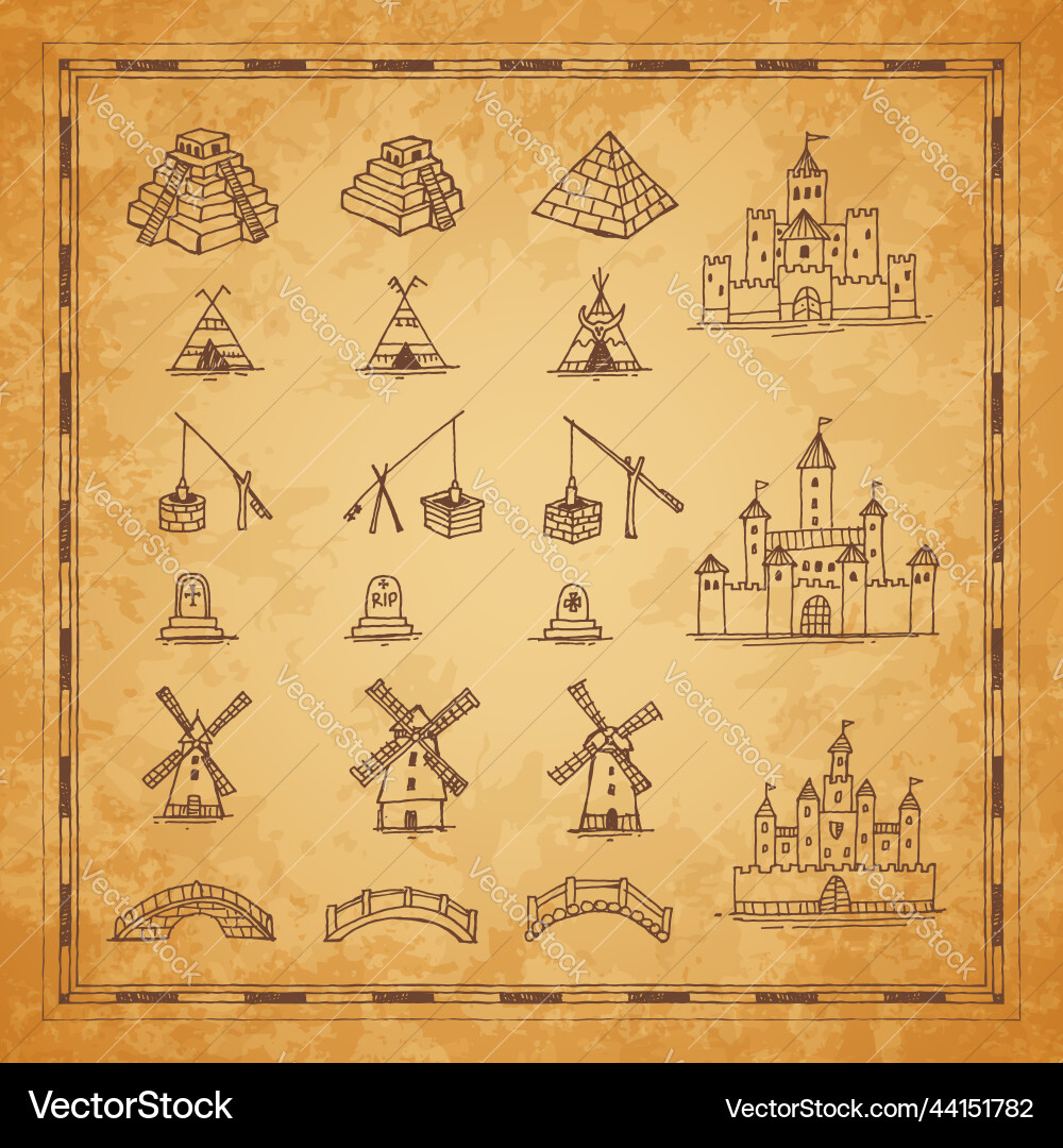Vintage map castle pyramid bridge sketches Vector Image
