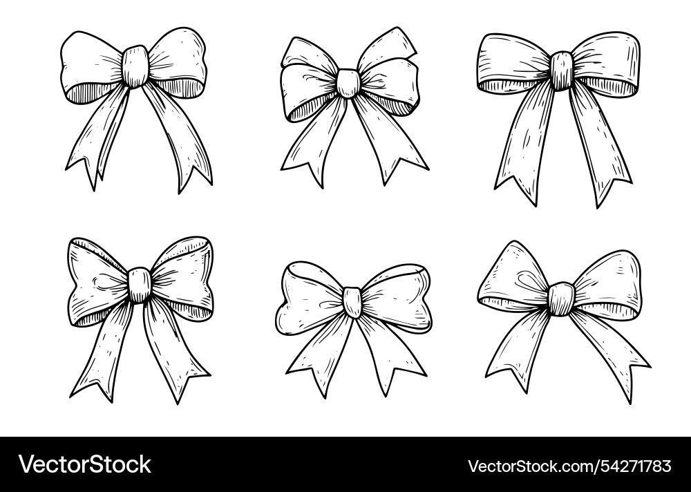 Gift ribbons drawing set six bows for present Vector Image