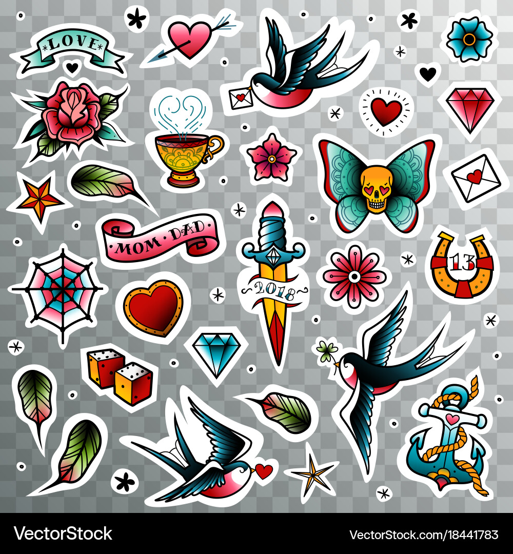 Old school tattoo set Royalty Free Vector Image
