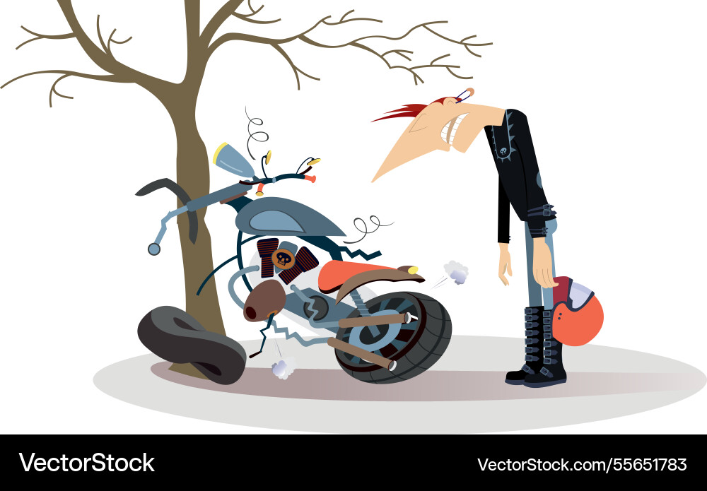 Road accident broken motorcycle sad biker Vector Image