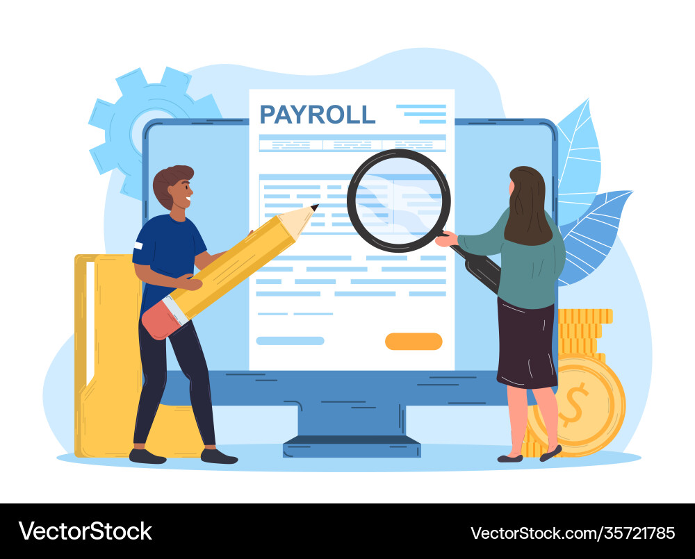 Male and female characters working on payroll Vector Image