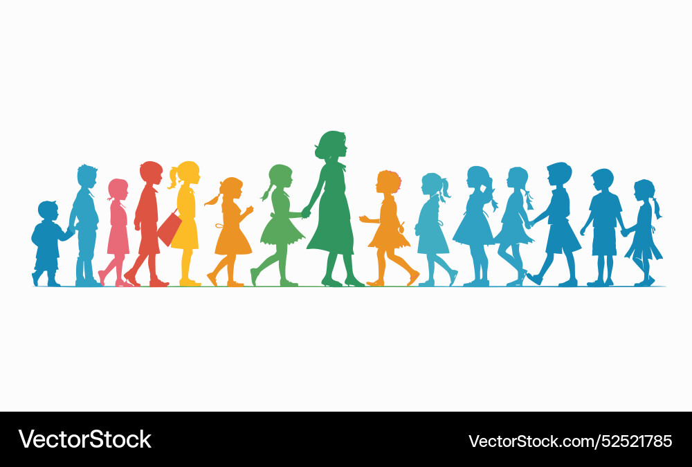 Scene children walking holding hands single file Vector Image