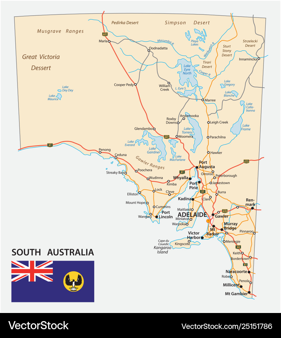 Road map state south australia with flag Vector Image