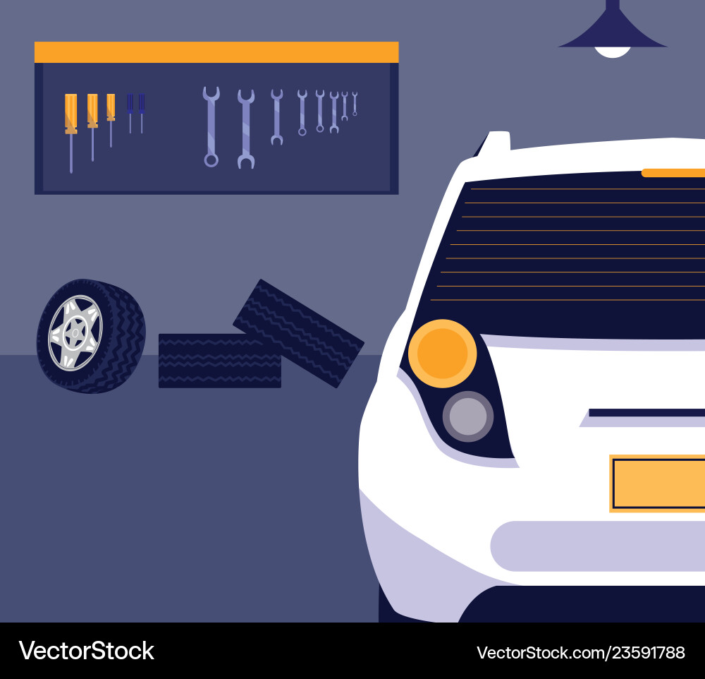 White car in maintenance workshop Royalty Free Vector Image