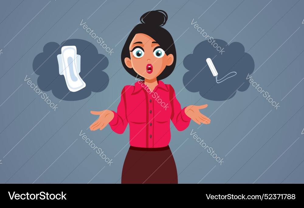Woman deciding between tampon and pads Royalty Free Vector
