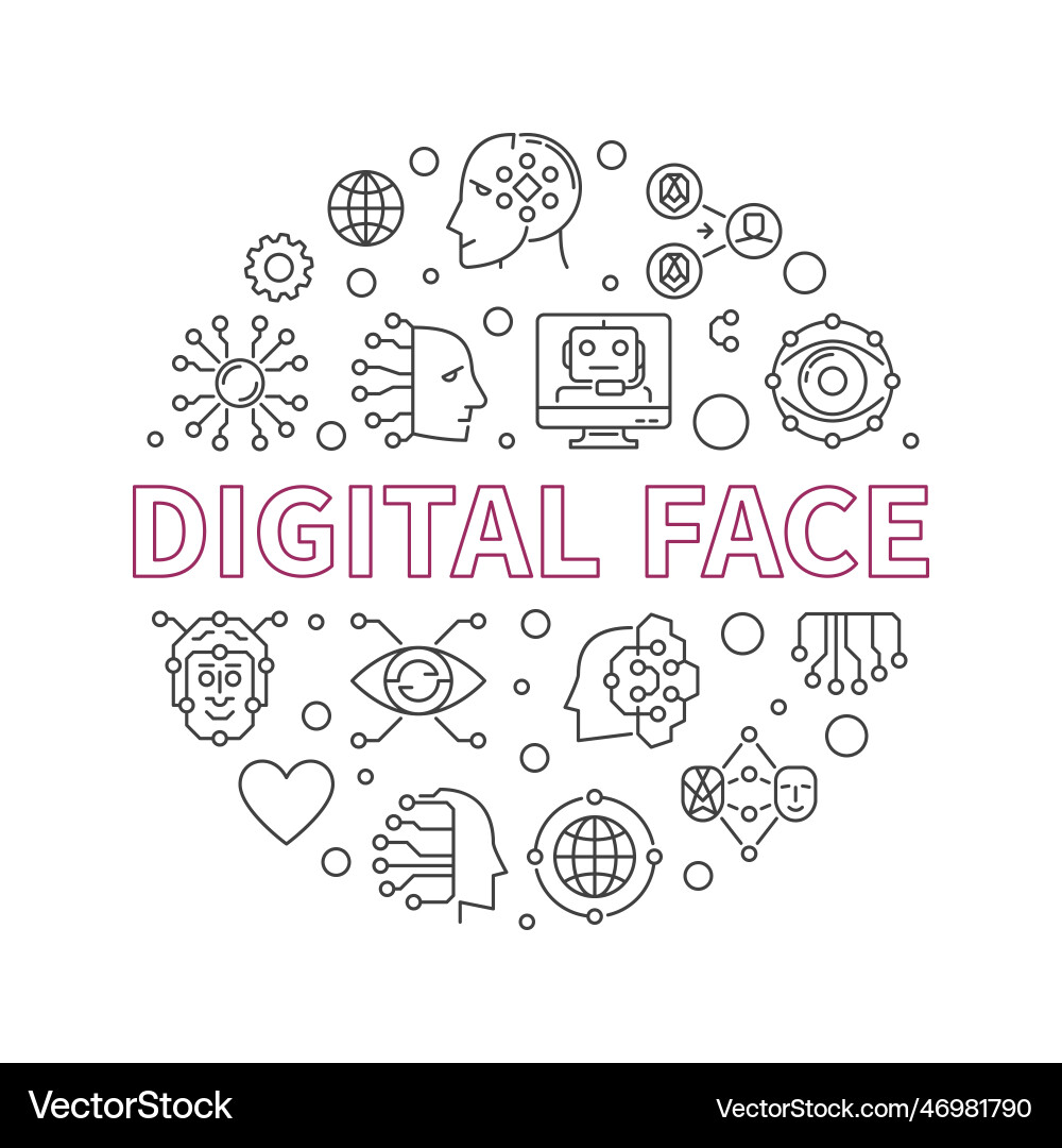 Digital face concept line round banner ai bot Vector Image