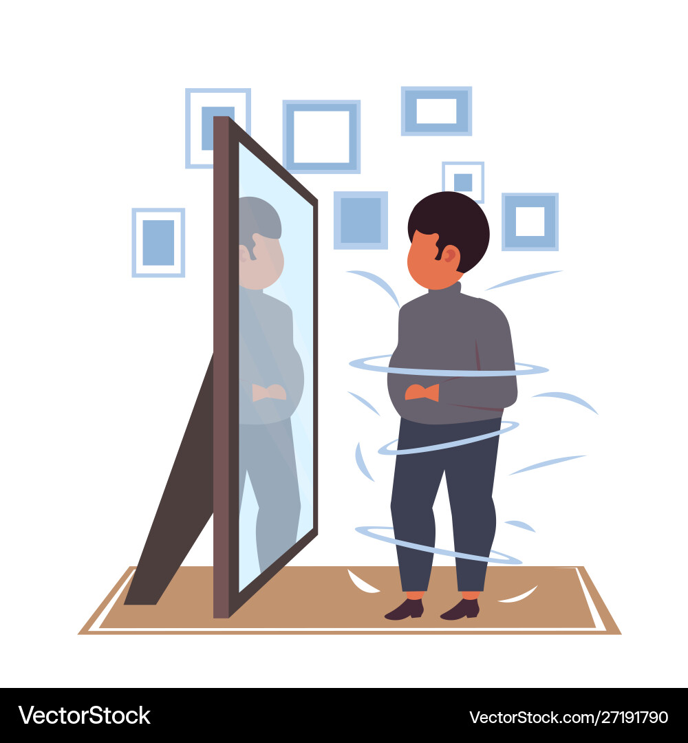 Fat overweight man looking at reflection in mirror