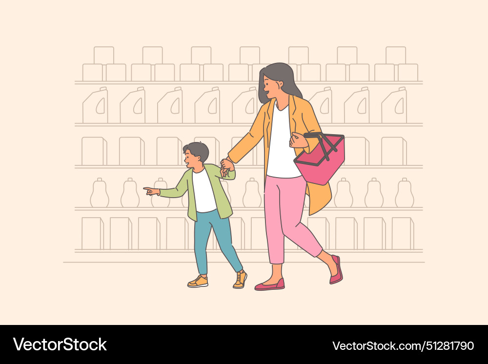 Mother and child shop in supermarket passing Vector Image