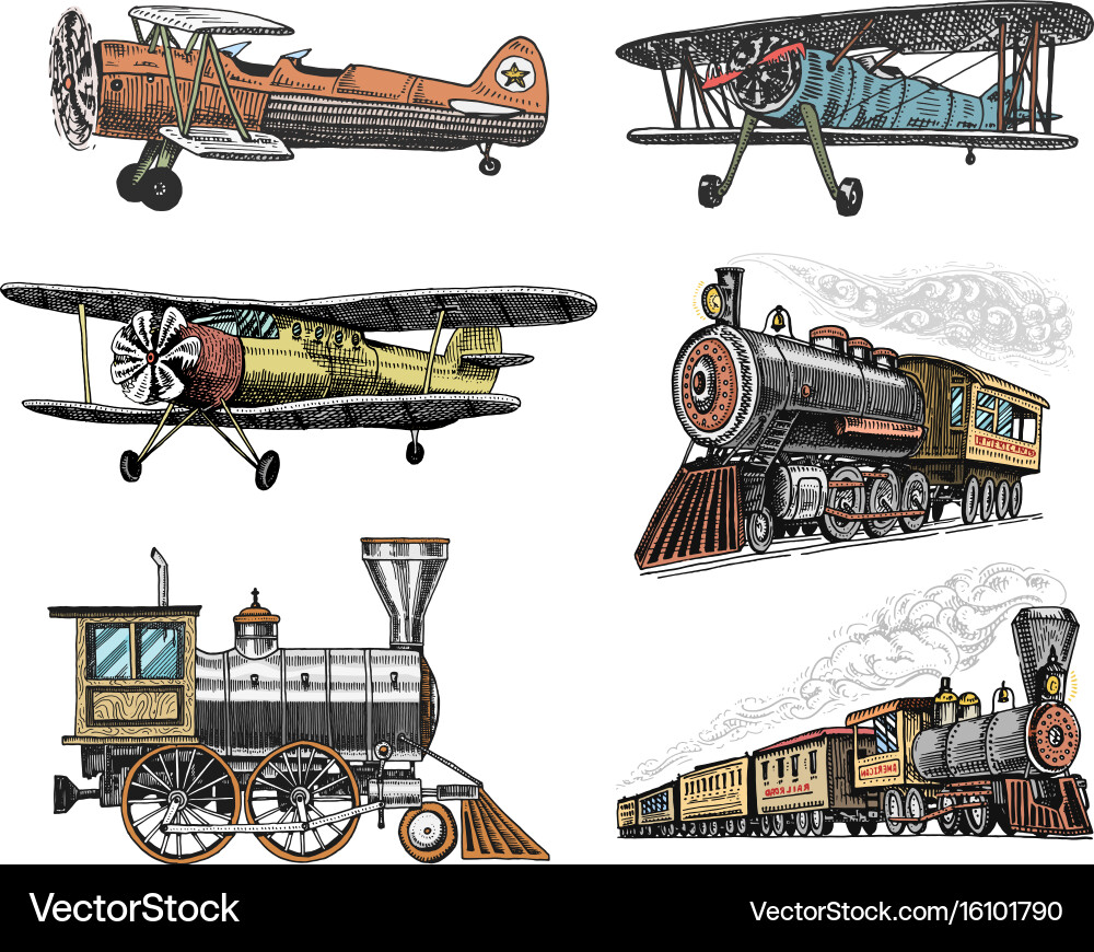 Set of passenger train and airplanes corncob Vector Image
