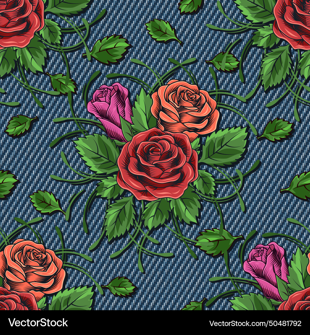 Denim floral seamless pattern with roses Vector Image
