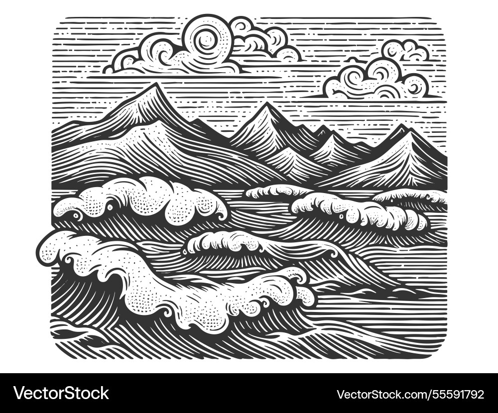 Ocean waves mountain landscape engraving Vector Image