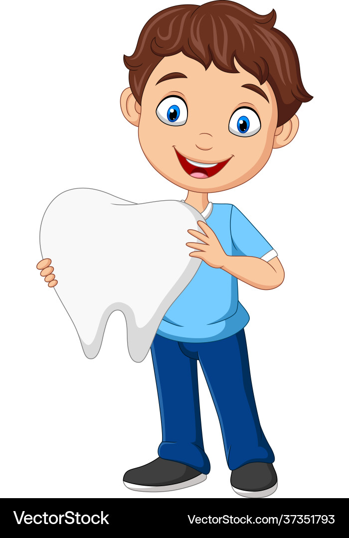Cartoon little boy holding big tooth Royalty Free Vector