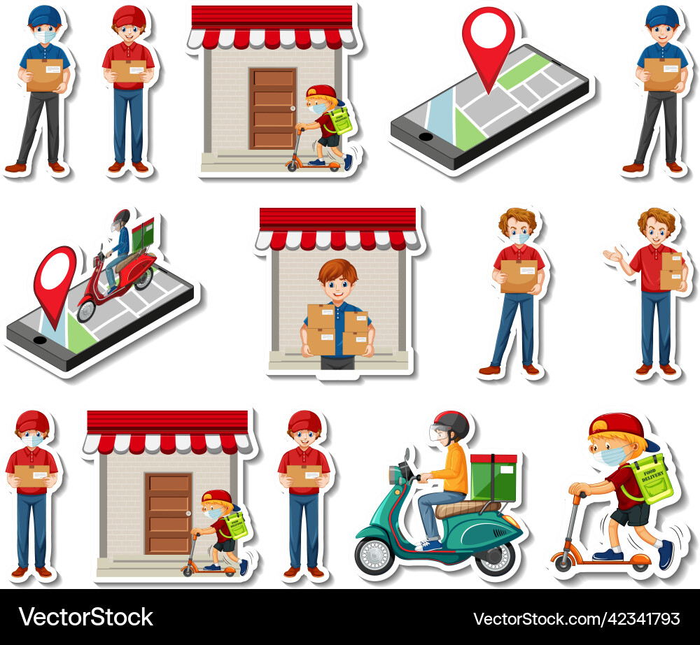 Sticker set of delivery objects and cartoon Vector Image