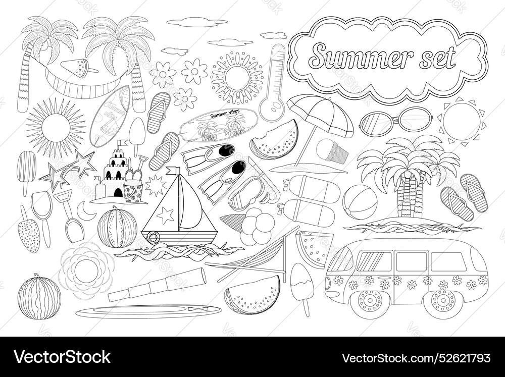 Summer set coloring page Royalty Free Vector Image