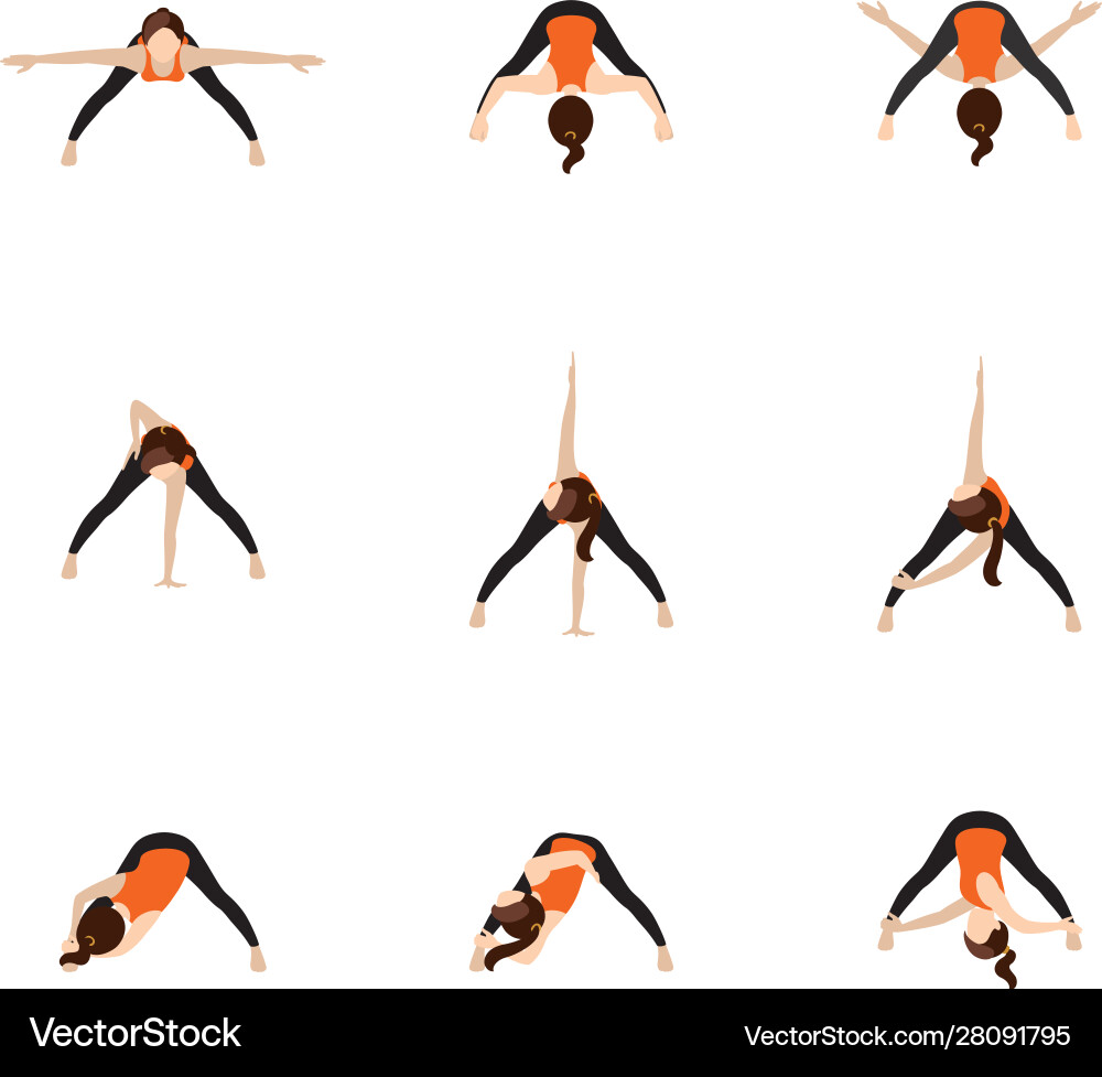 Wide legged forward bend twist variations yoga Vector Image