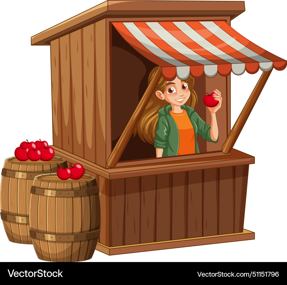 Smiling woman selling apples from a rustic stall Vector Image