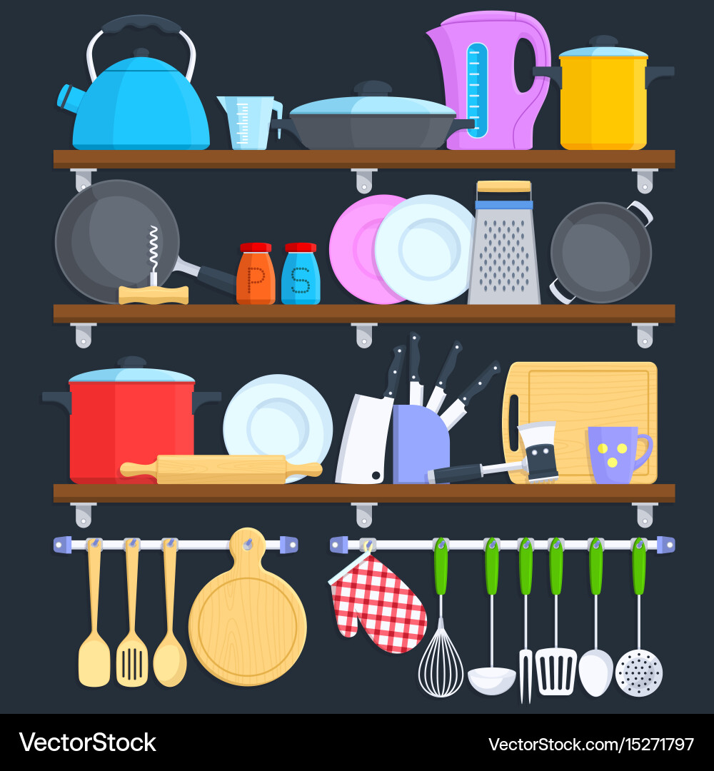 Kitchen shelves with cookware and cooking Vector Image