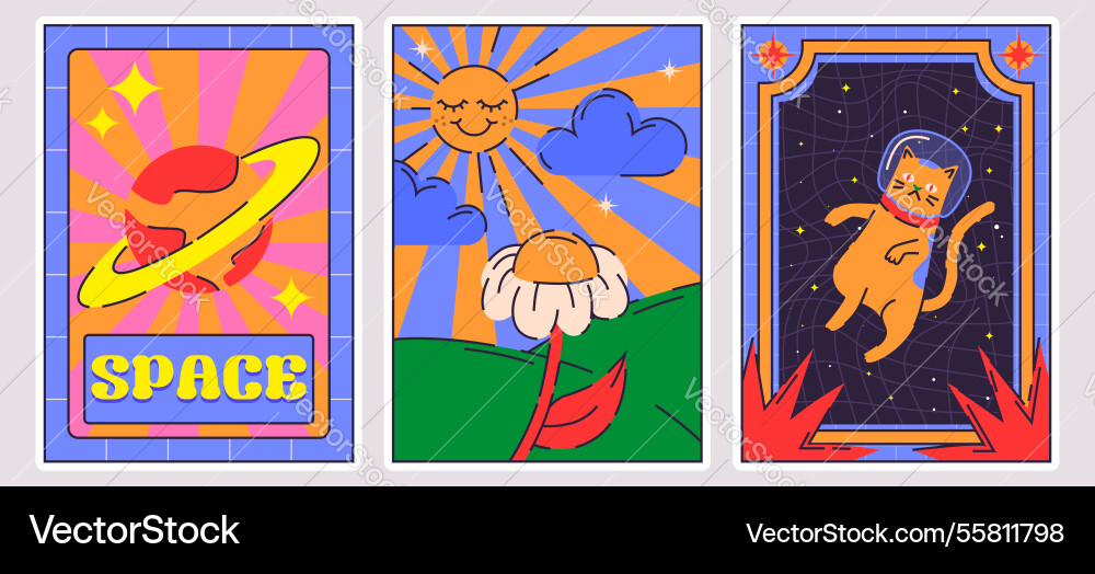 Groovy space poster set Royalty Free Vector Image