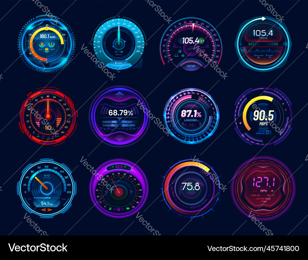 Futuristic car speedometer gauge dials neon led Vector Image