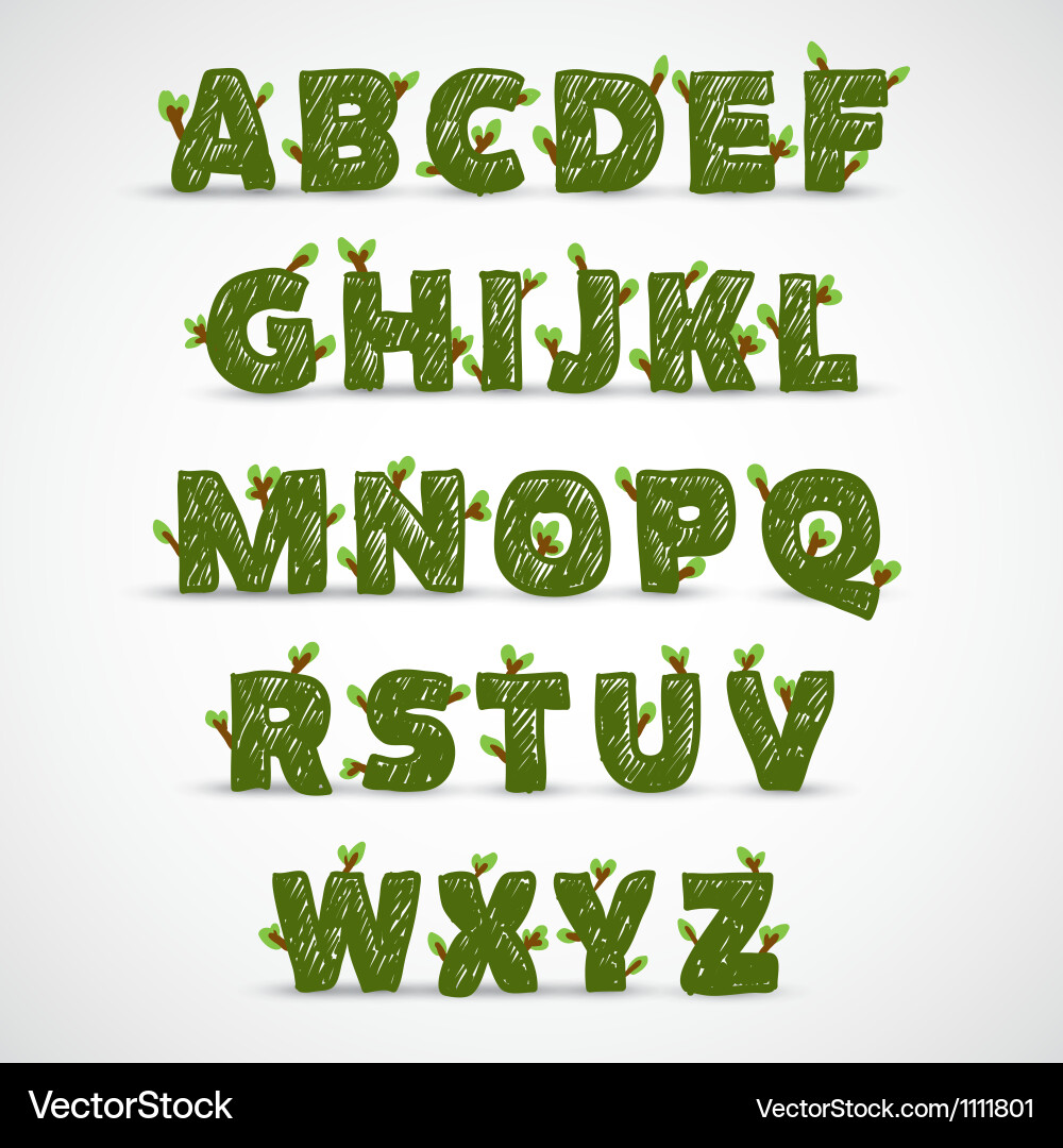 Handwritten abc alphabet with leaf Royalty Free Vector Image