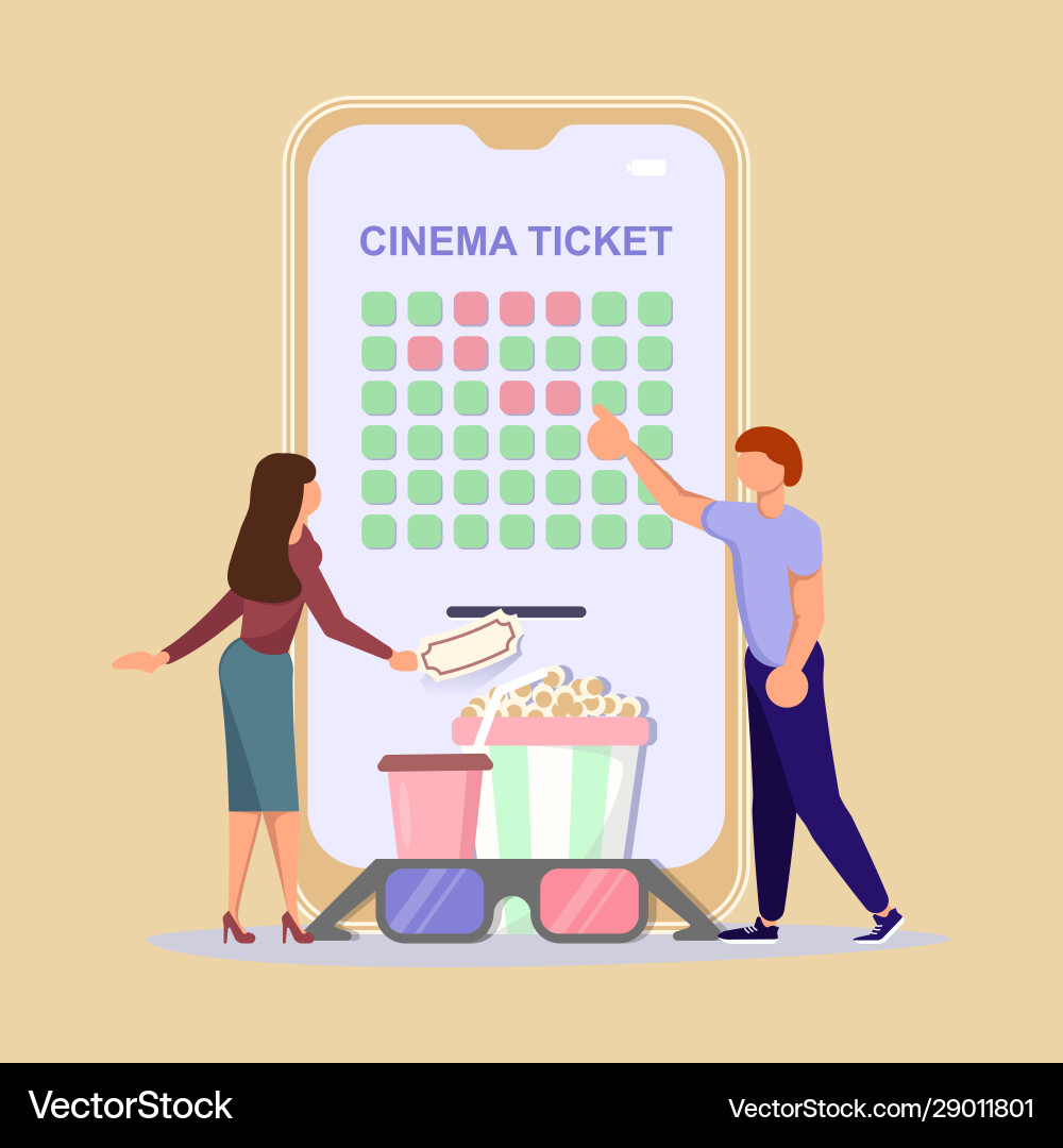Tiny people buy cinema tickets Royalty Free Vector Image