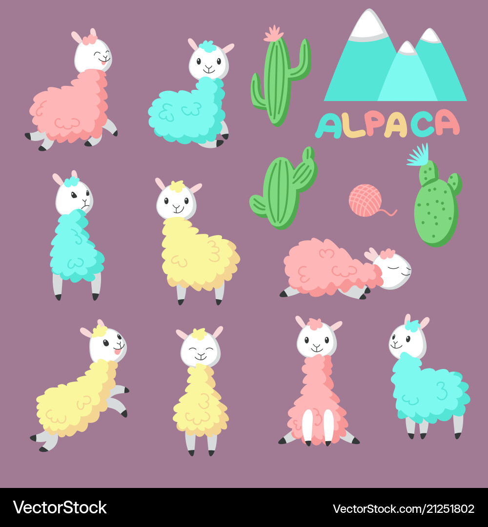 Cute alpaca icons hand drawn Royalty Free Vector Image