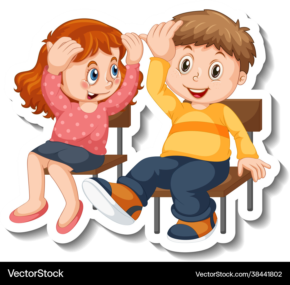 Sticker template with couple kids students Vector Image