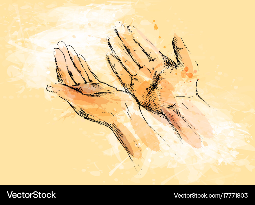 Colored hand sketch begging hands Royalty Free Vector Image