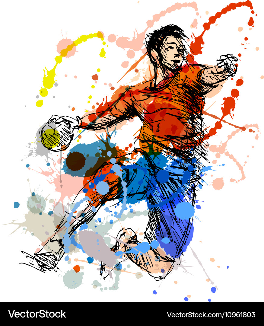 Colored hand sketch handball player Royalty Free Vector