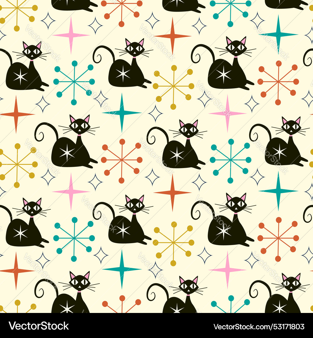 Mid century black atomic cats seamless pattern Vector Image