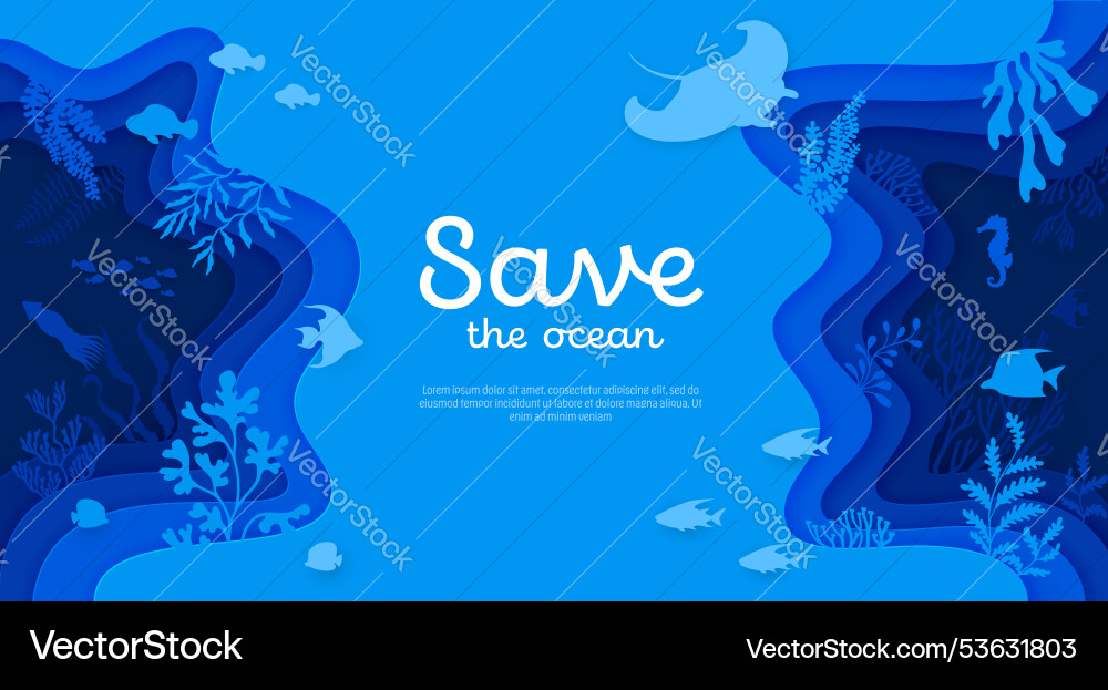 Save the ocean paper cut banner with underwater – Royalty-Free Vector ...
