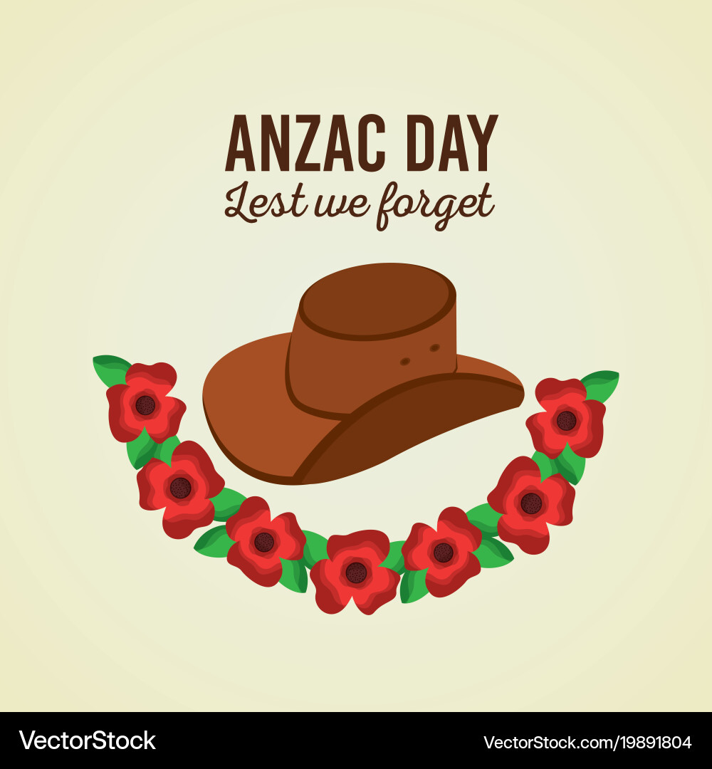 Anzac day lest we forget poster hat and flowers Vector Image