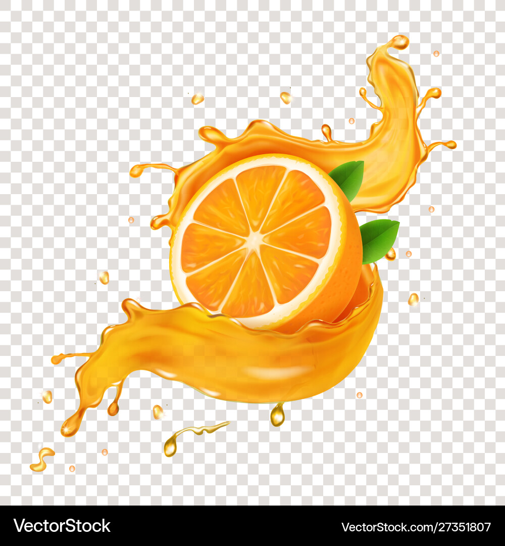 Juicy orange fruit in realistic juice splash Vector Image