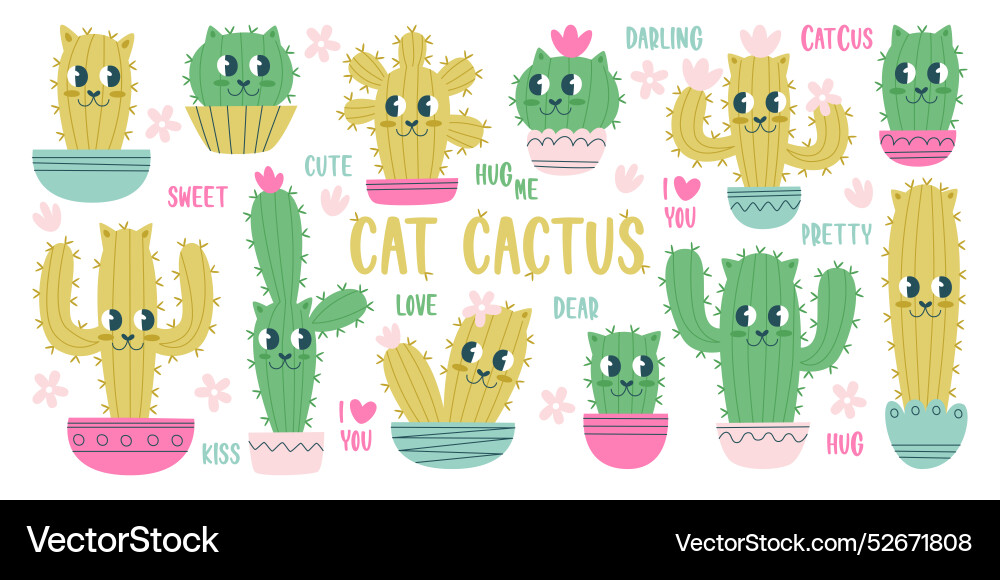 Cute cat cactus smiling characters set kawaii Vector Image