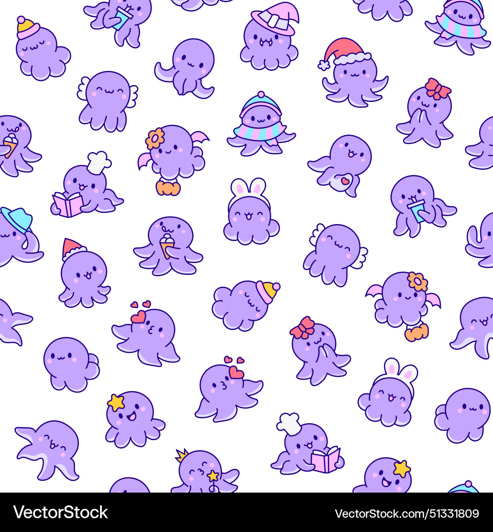 Cute kawaii happy octopus seamless pattern Vector Image