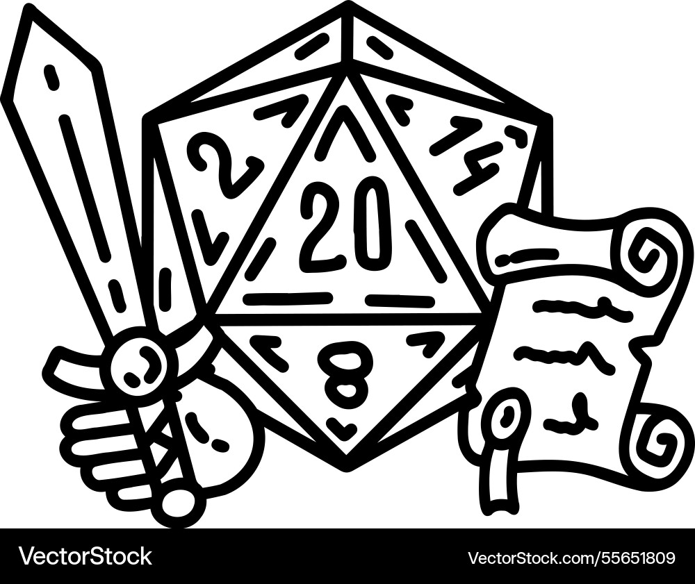Dnd dice with sword and shield Royalty Free Vector Image