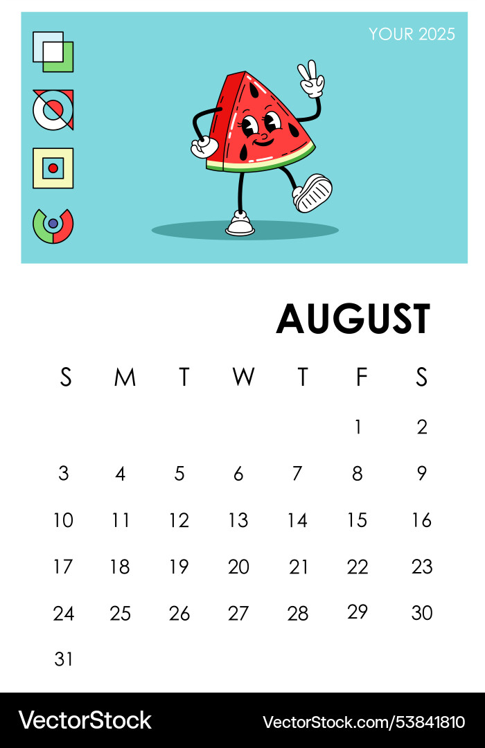Calendar page 2025 august strawberry character Vector Image