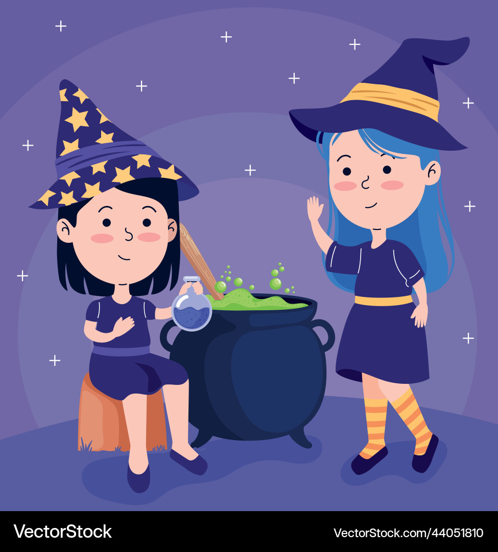 Halloween witches with cauldron Royalty Free Vector Image