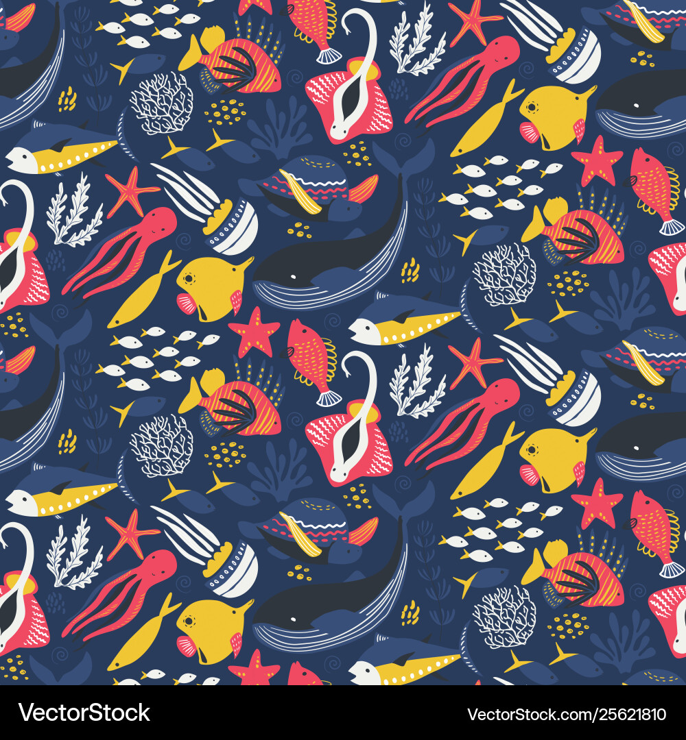 Seamless pattern with fish and sea animals Vector Image