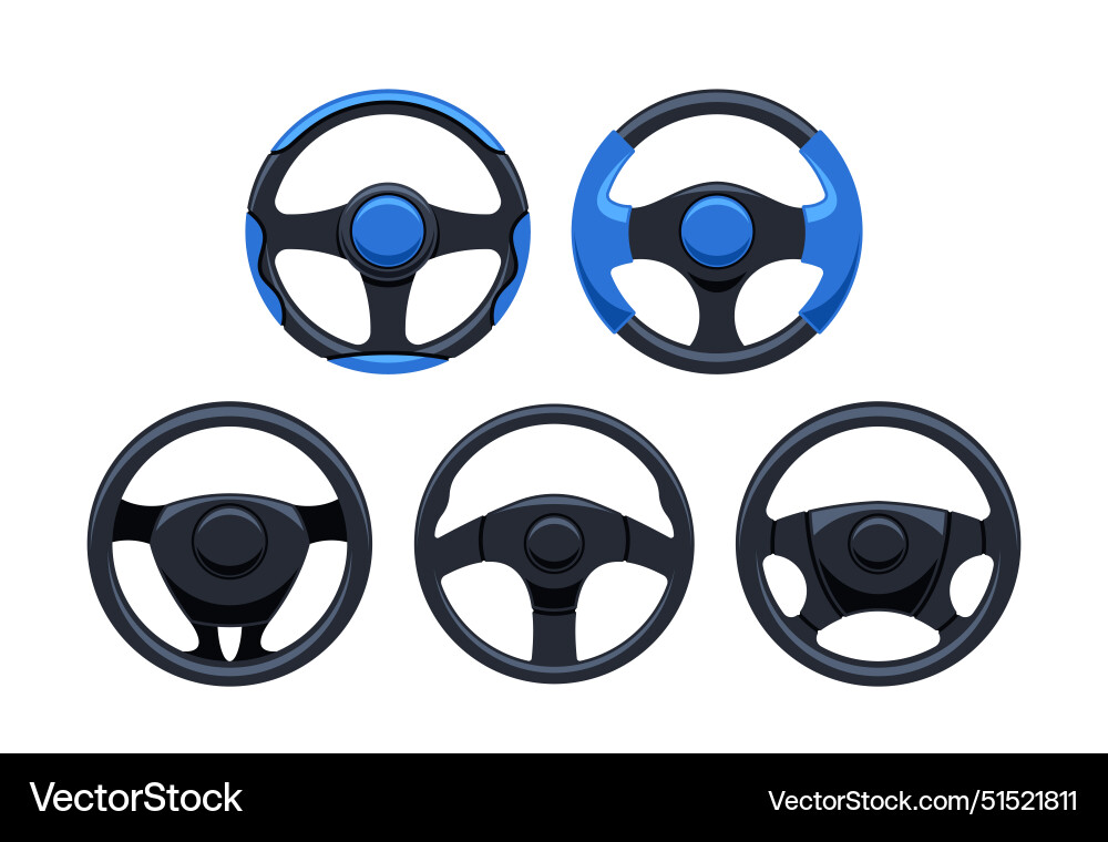 Collection of five car steering wheels Royalty Free Vector